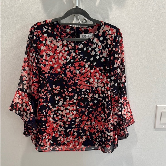 Kasper | Tops | Kasper Black Coral And Pink Flutter Sleeve Blouse ...